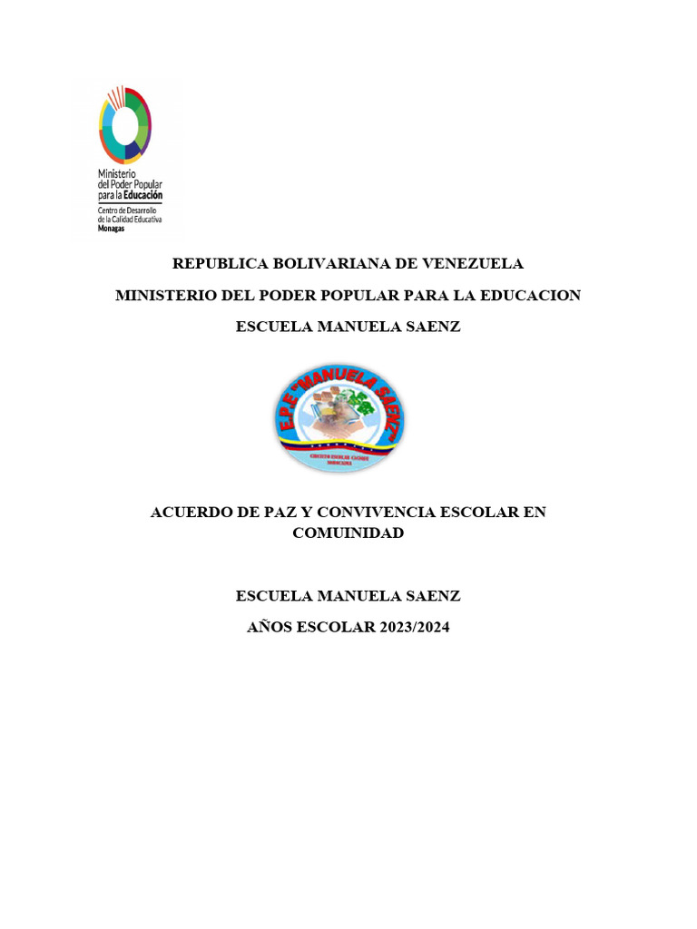 Acuerdo de Convivencia. 2024 (ESC Manuela SAENZ | PDF | Escuelas | Enseñando