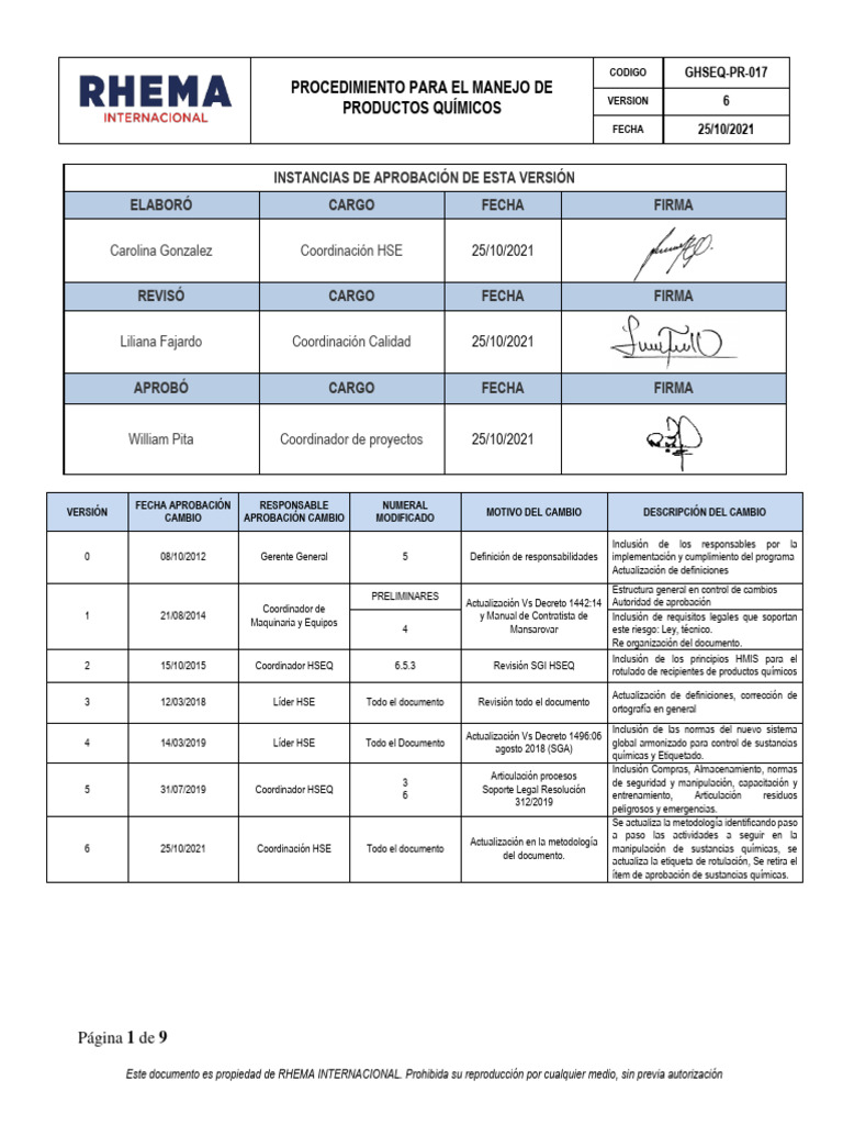 Ghseq Pr 017 Procedimiento Para El Manejo De Productos Químicos Pdf