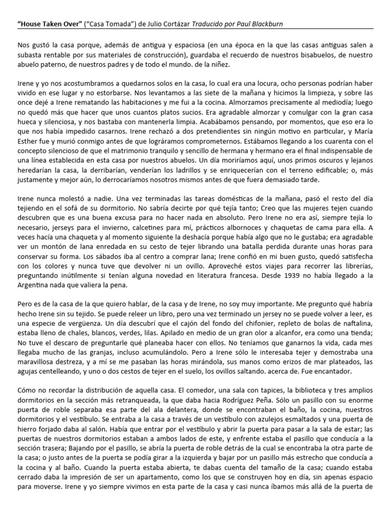 Julio Cortázar - Casa Tomada | PDF