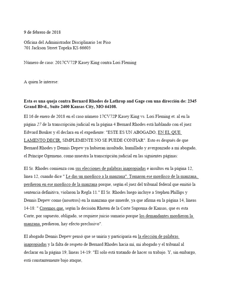 Queja Contra El Abogado de Kansas Bernard Rhodes de Lathrop Gage | PDF ...