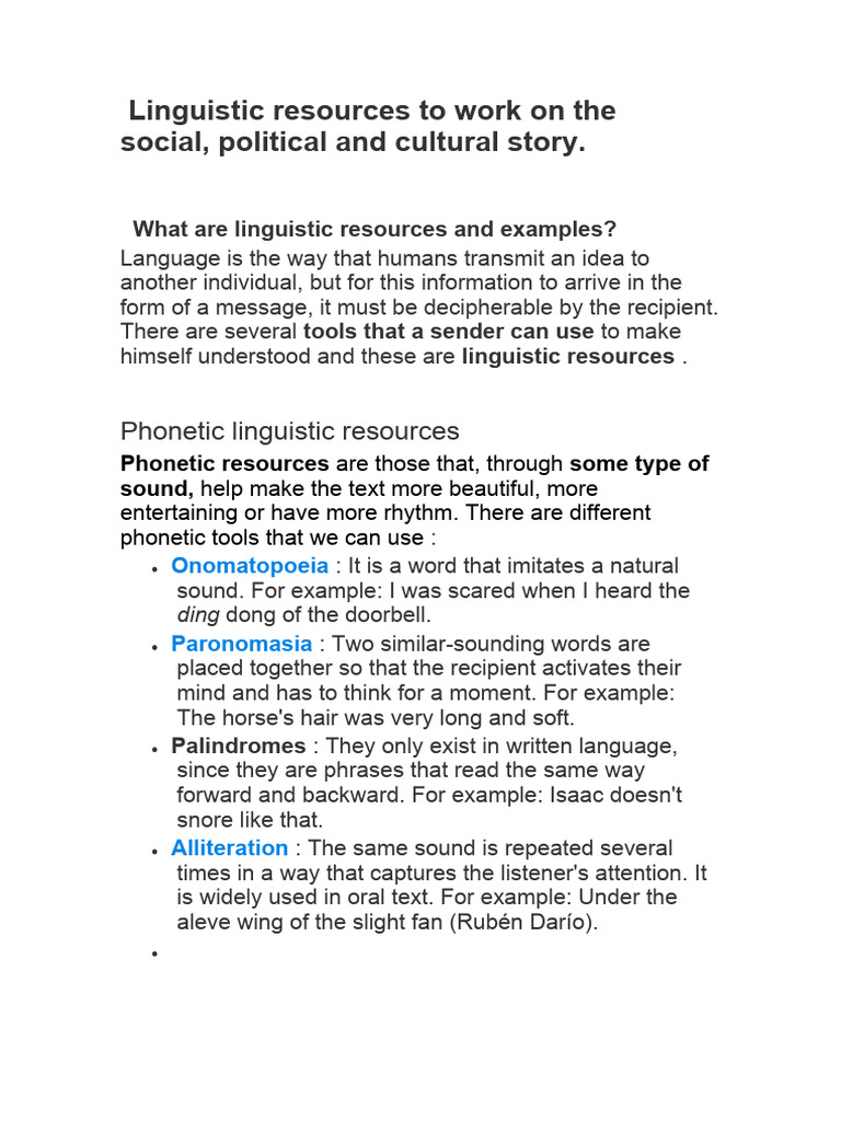 Linguistic Resources To Work The Social Political and Cultural Story ...