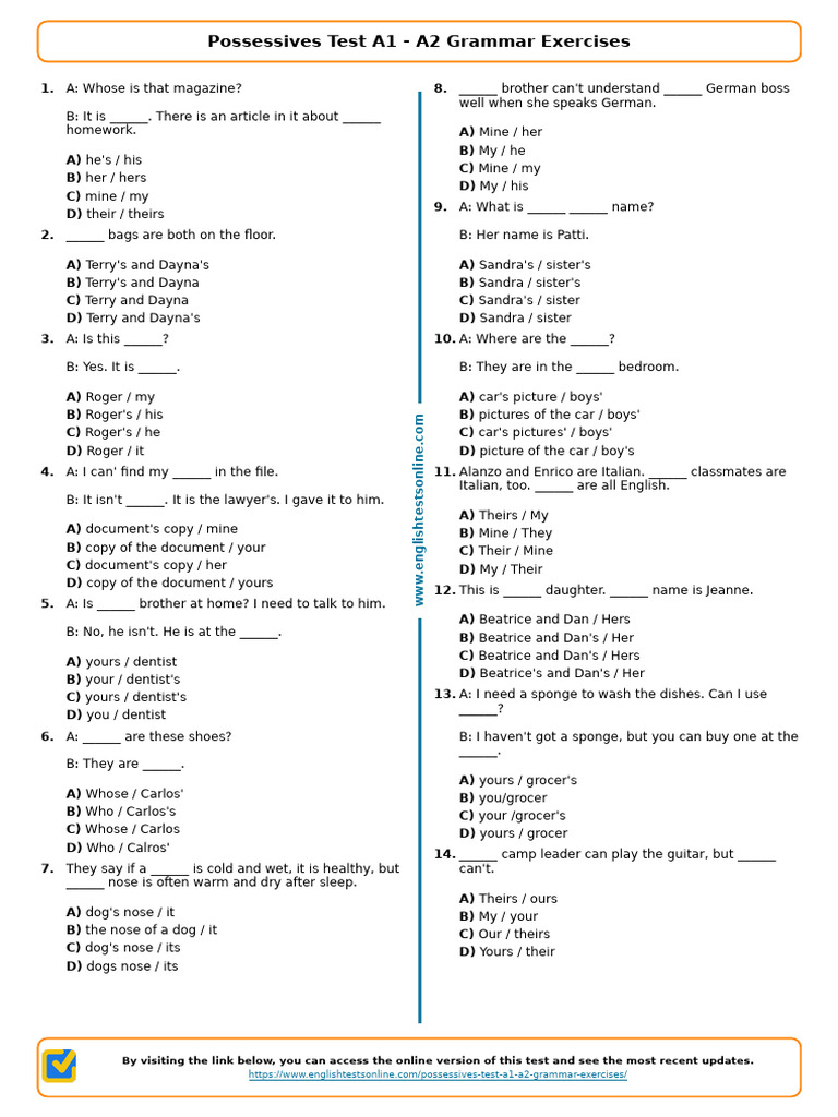 448 Possessives Test A1 A2 Grammar Exercises | PDF