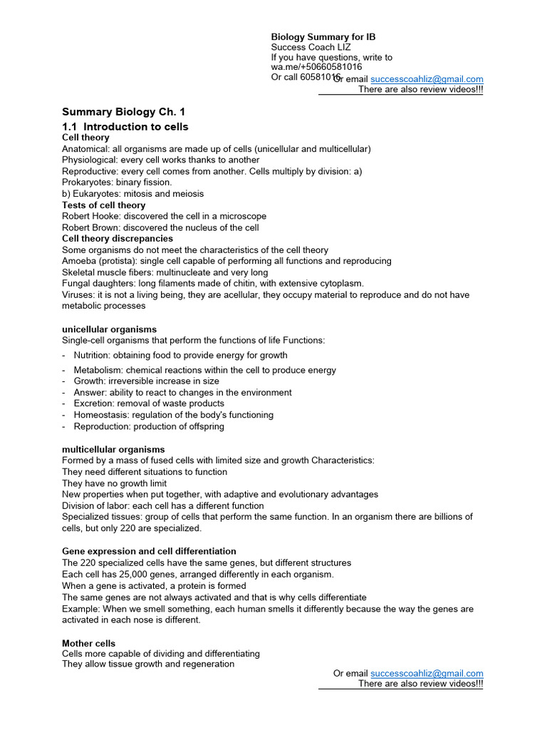 IB Biology Summary | PDF | Meiosis | Mitosis