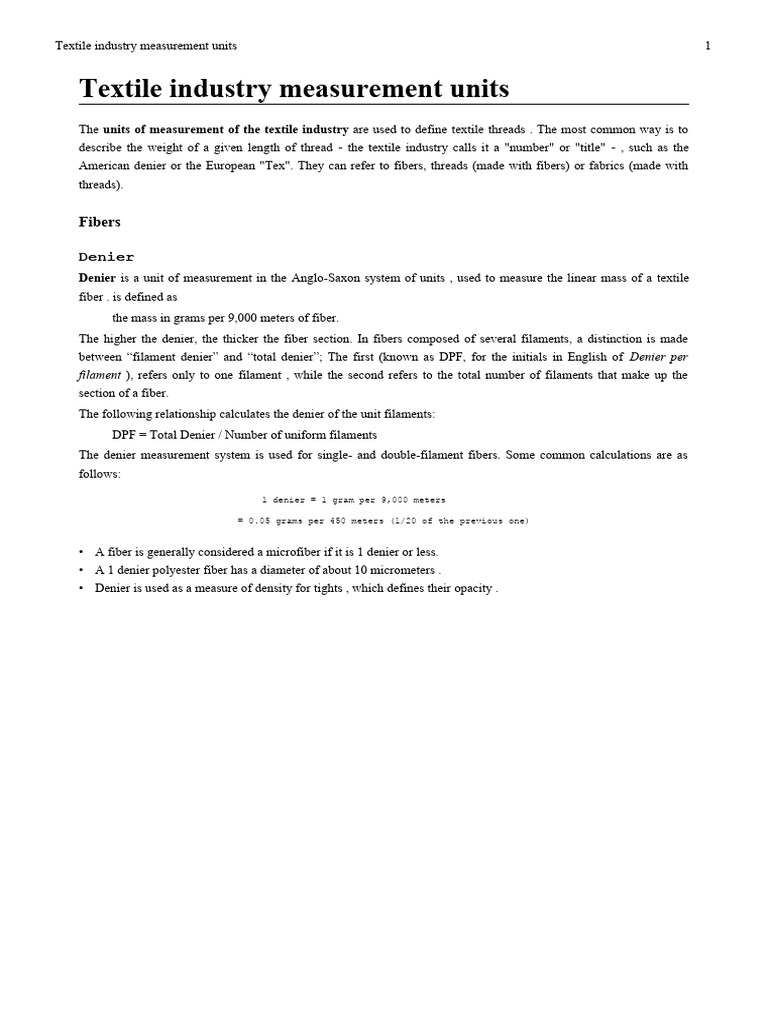 Units of Measurement of The Textile Industry | Download Free PDF ...