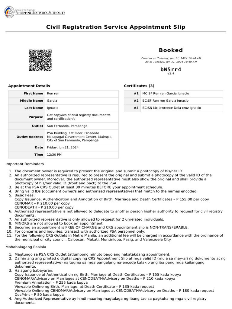 Civil Registration Service Appointment Slip | PDF | Law