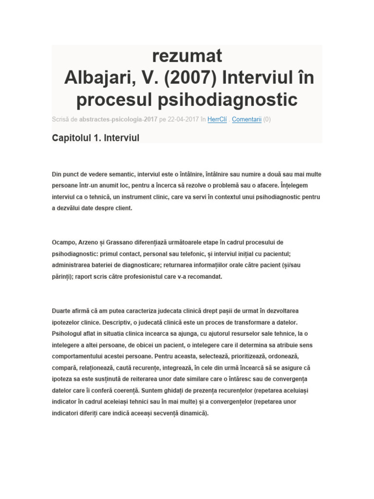 Rezumat - Interviul În Procesul Psihodiagnostic - Albajari | PDF