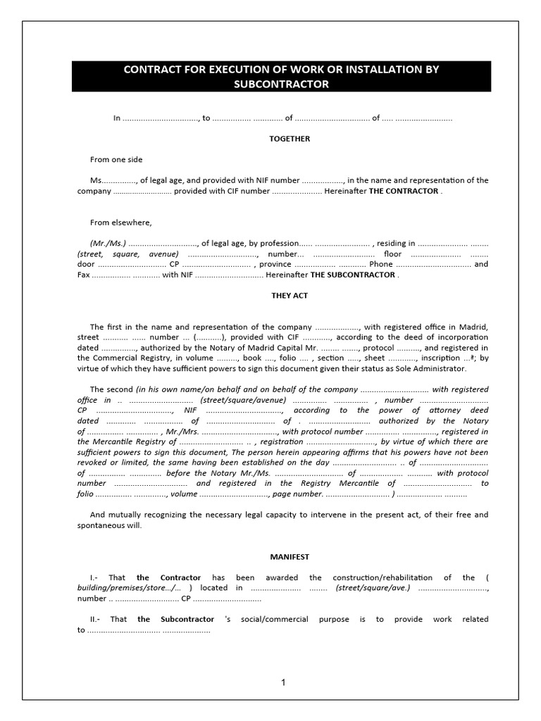 Work Subcontracting Model | PDF | General Contractor | Specification ...