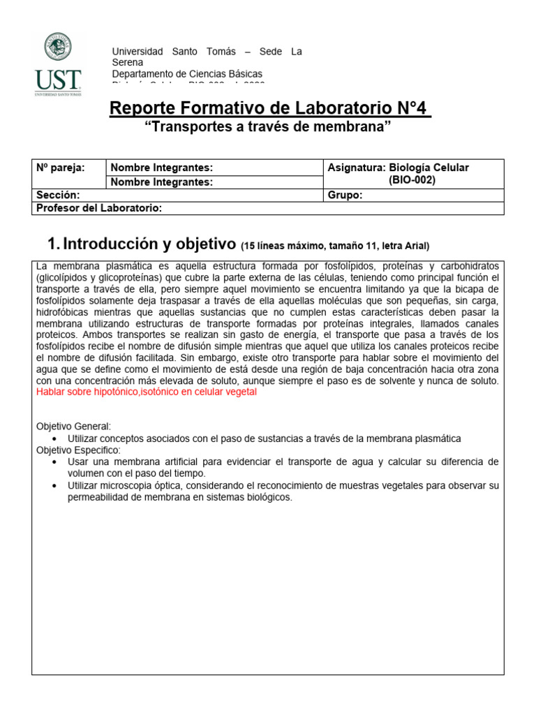 Formato Reporte de Laboratorio 4 Formativo BIO-002 | PDF | Membrana celular | Biología Molecular
