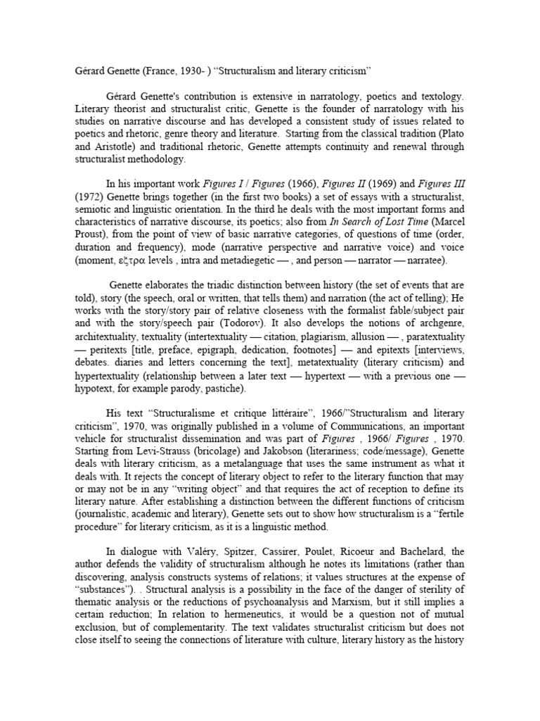 Gérard Genette, Structuralism and Literary Criticism | PDF | Narrative ...