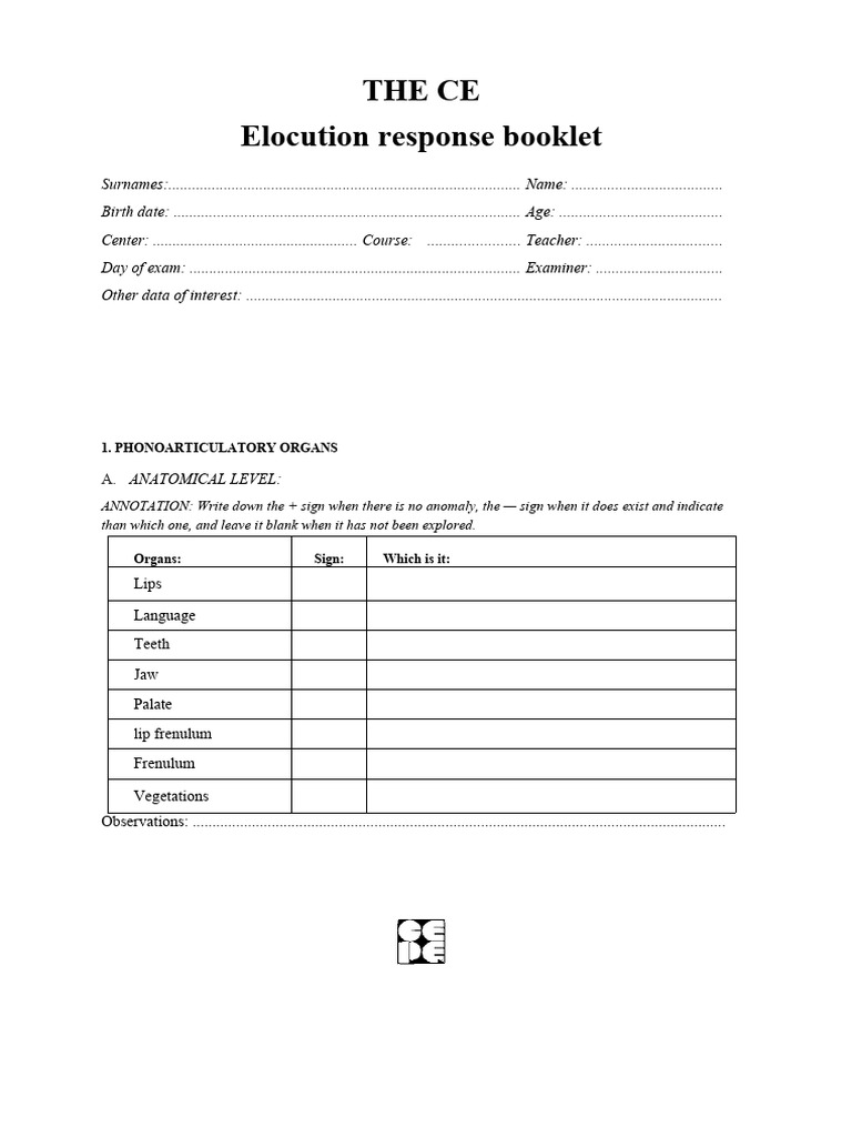 THE CE. Elocution Response Booklet | PDF | Phonetics | Lip