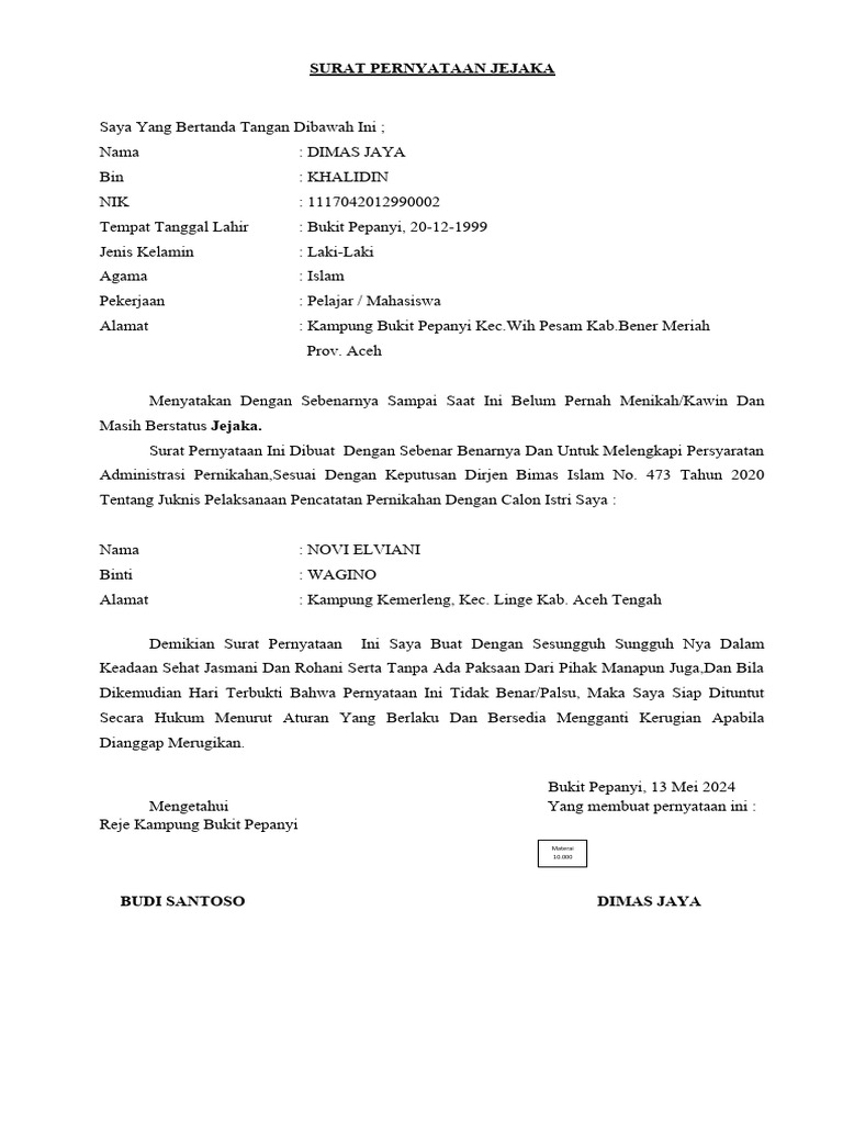 Surat Pernyataan Perjaka | PDF