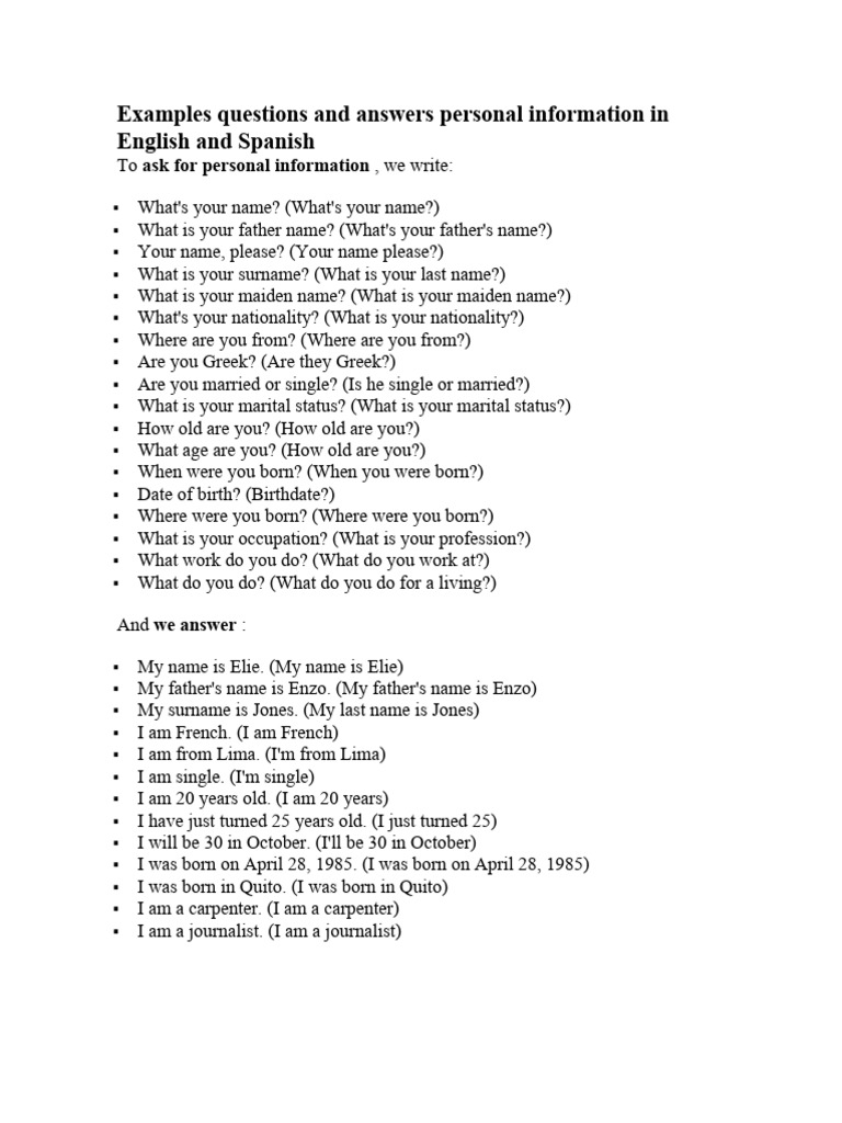 Examples Questions and Answers Personal Information in English and ...
