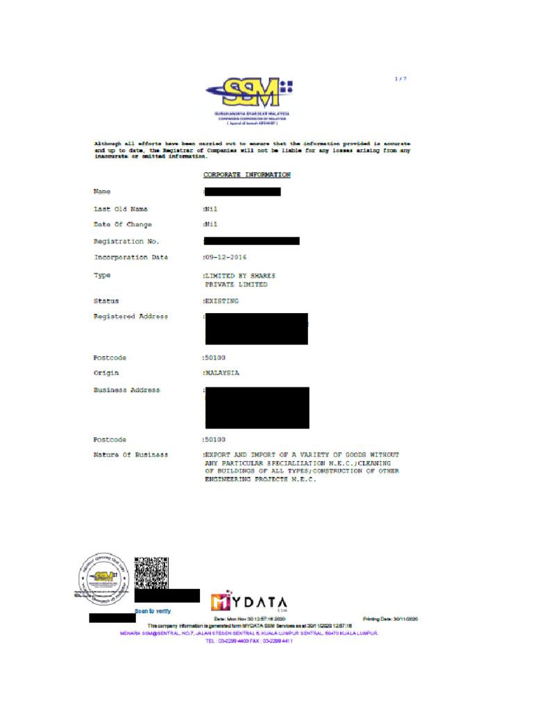 Contoh SSM Corporate Information (DCTC) | PDF