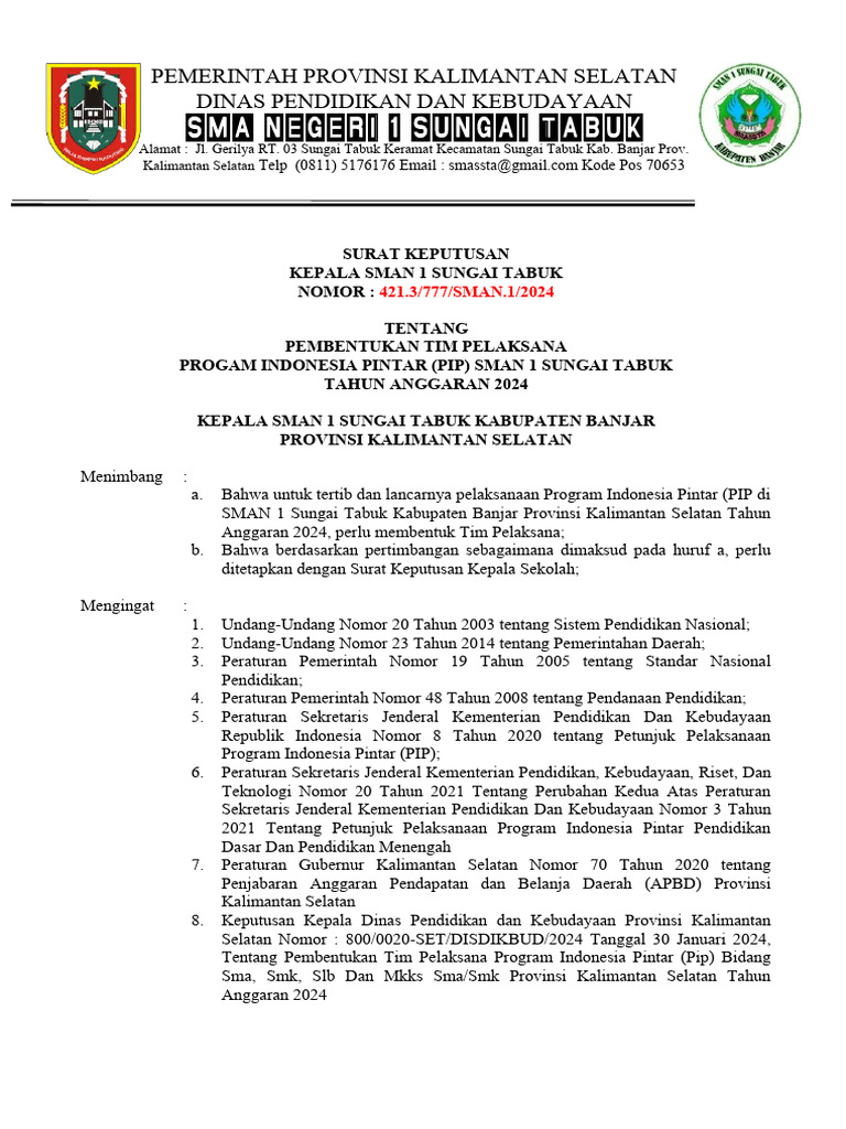 Pembentukan Tim PIP SMAN 1 Sungai Tabuk | PDF