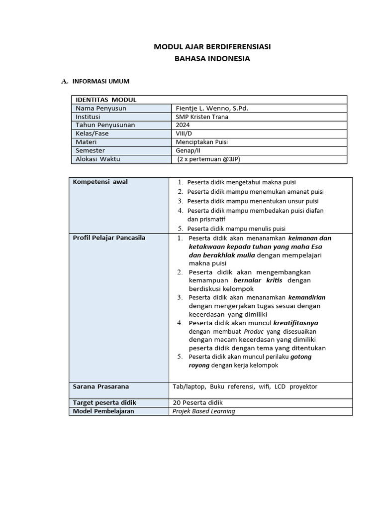 Modul Ajar Berdiferensiasi Kls 8 | PDF | Seni & Disiplin Bahasa