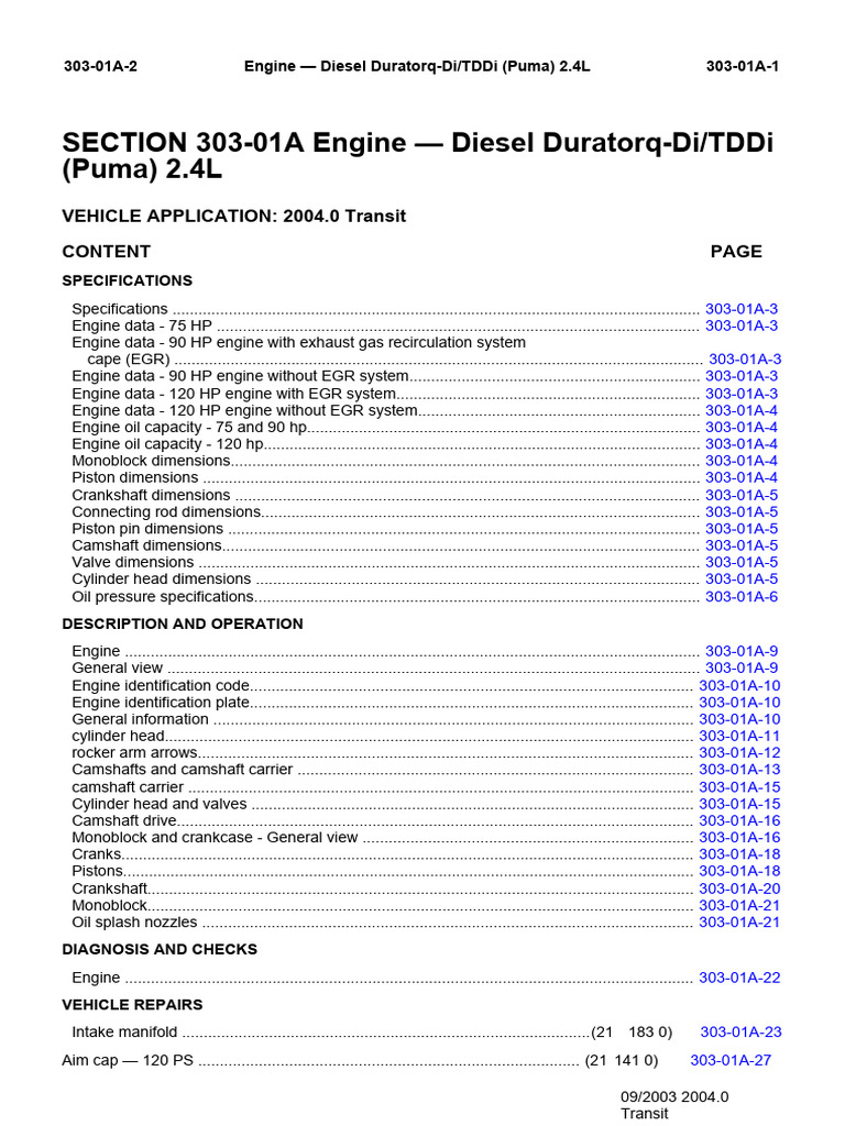 (FORD) Workshop Manual Ford Transit Diesel Engine Duratorq-DiTDDi (Puma) 2.4L PDF | PDF | Piston ...