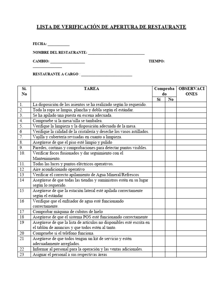 Lista de Verificación de Apertura y Cierre de Restaurantes | PDF