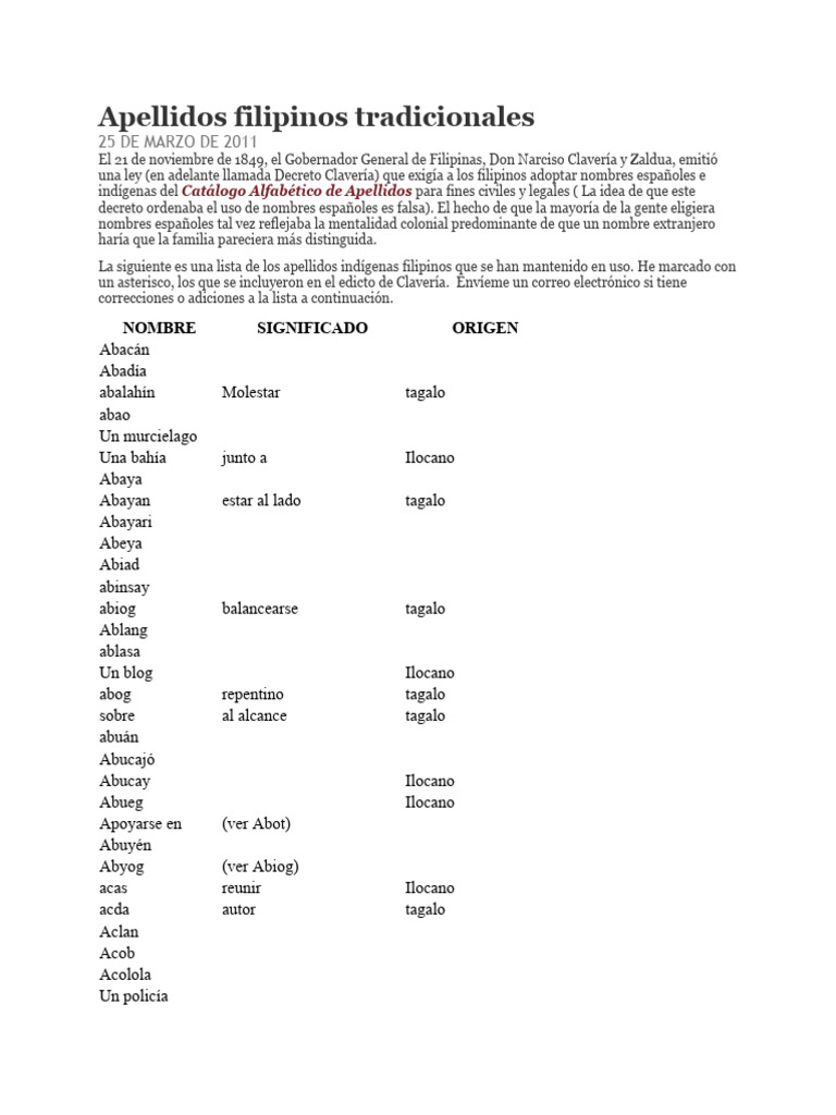 Apellidos Filipinos Tradicionales | PDF | Filipinas | Idioma tagalo