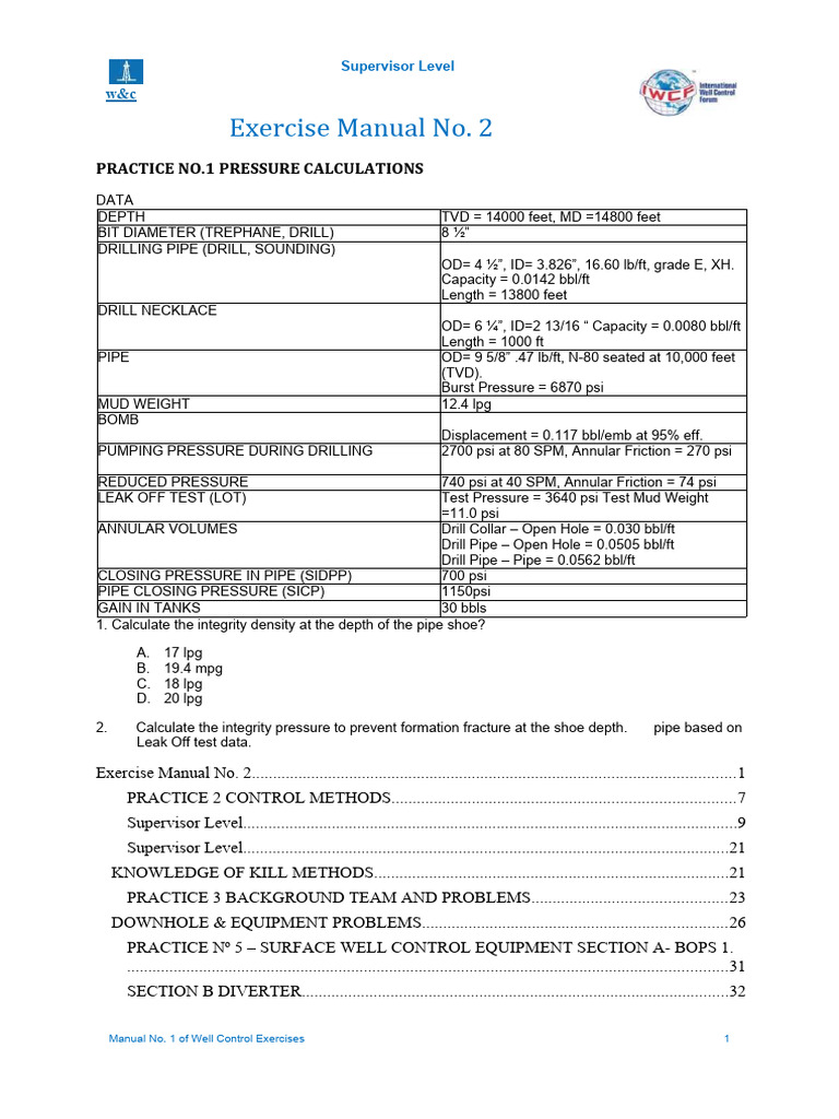 IWCF Exercise Manual #2 Questions and Answers | PDF | Chemical Engineering | Mechanical Engineering