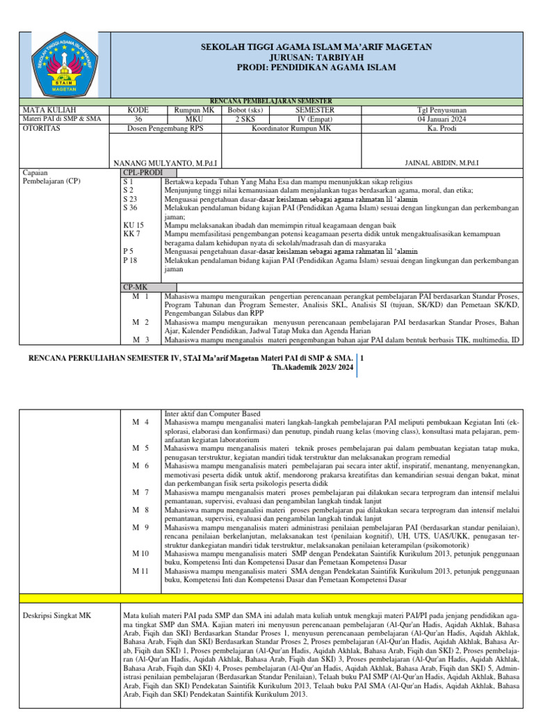 Rps Peng, Materi SMP & Sma Semester 4 Tahun Pelajaran 2023-2024 | PDF