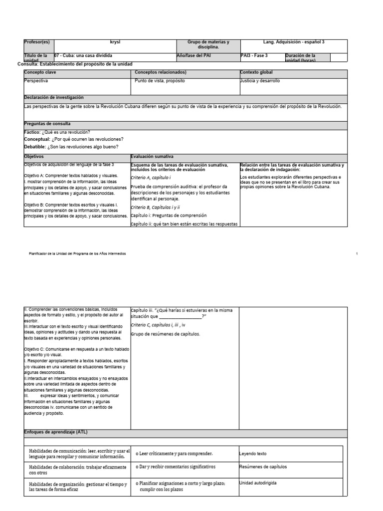 Planificador de Unidades Del PAI Español 3 IB - Revolución Cubana | PDF ...