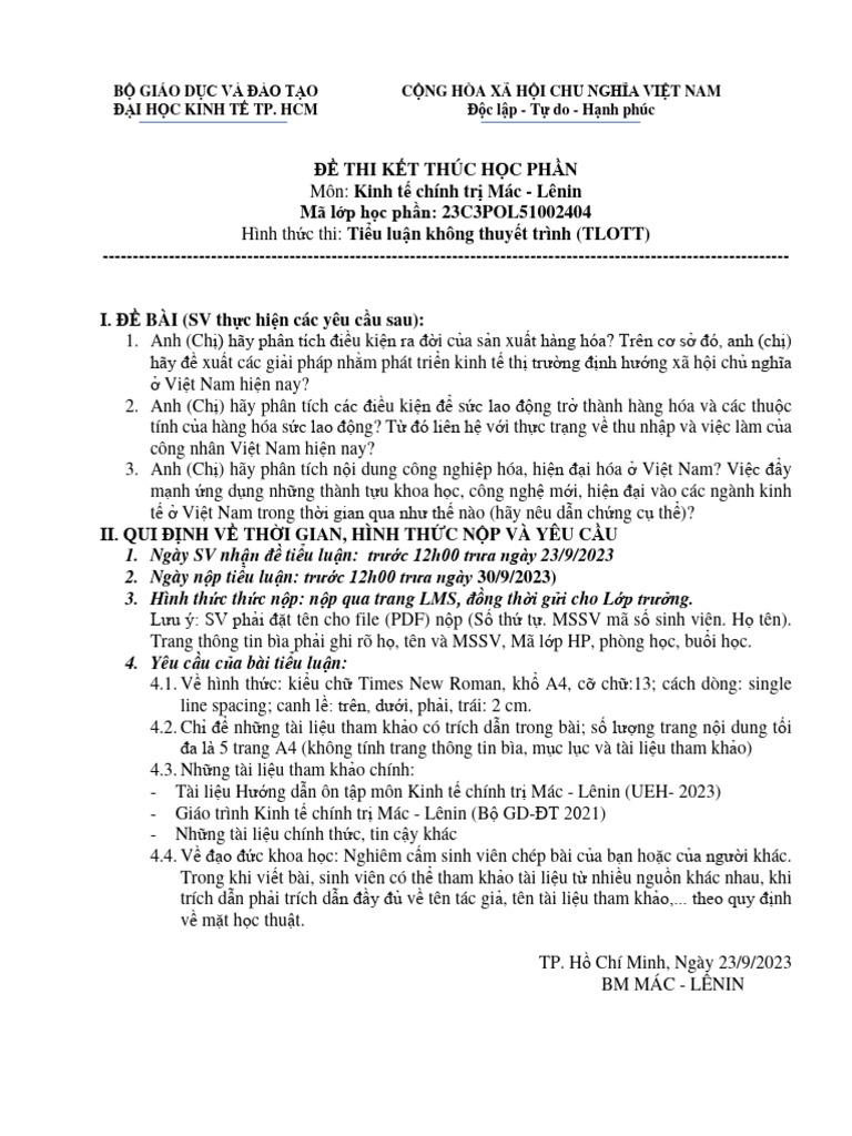 ĐỀ TIỂU LUẬN KTHP KTCTML (23.09.2023-30.09.2023) | PDF