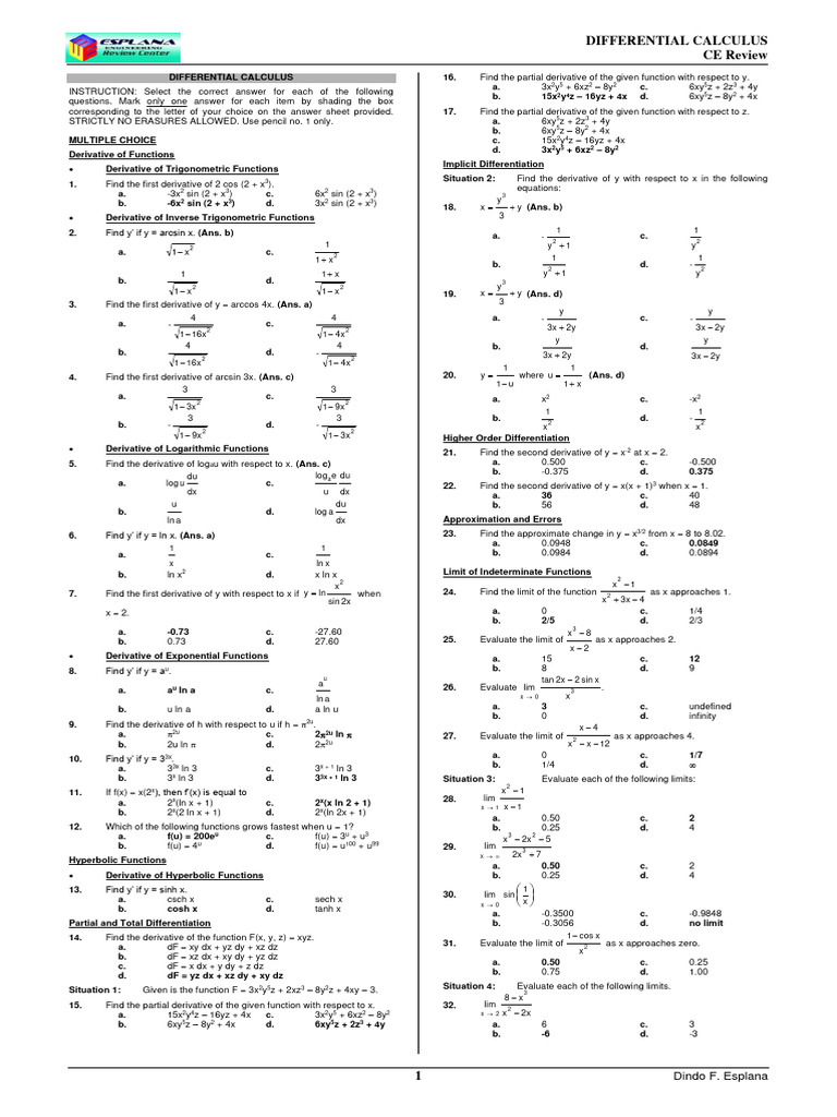 Differential Calculus Review Notes | PDF | Ellipse | Tangent