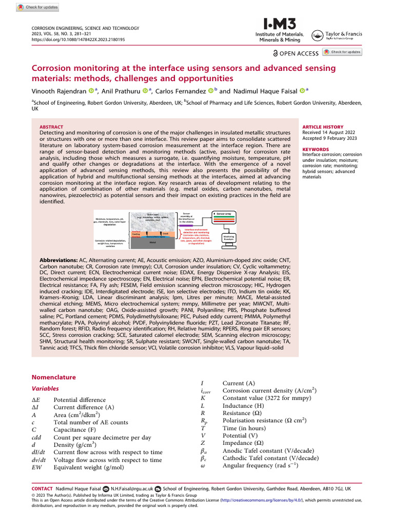 Rajendran Et Al 2023 Corrosion Monitoring at The Interface Using Sensors and Advanced Sensing ...