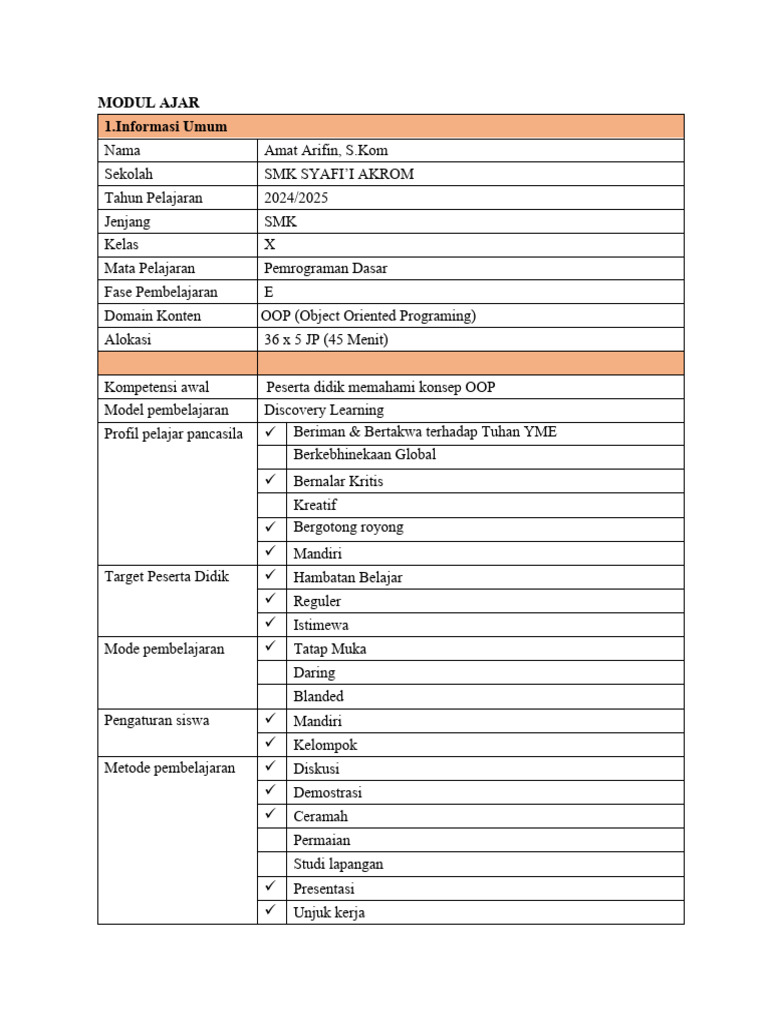 Modul Ajar Pemrograman Dasar OOP SMK | PDF