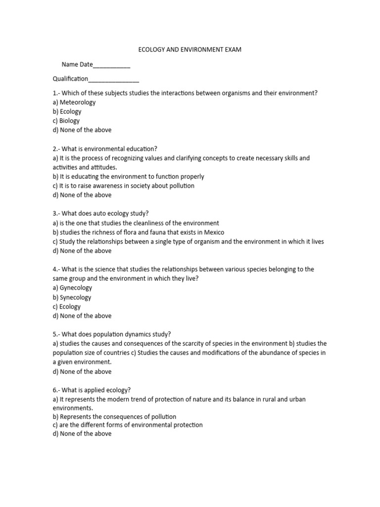 Ecology and Environment Exam | PDF | Ecology | Ecosystem
