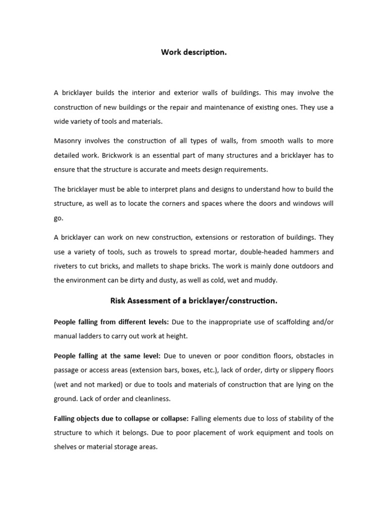 Bricklayer Job Description and Safety Risks | PDF | Electrical ...
