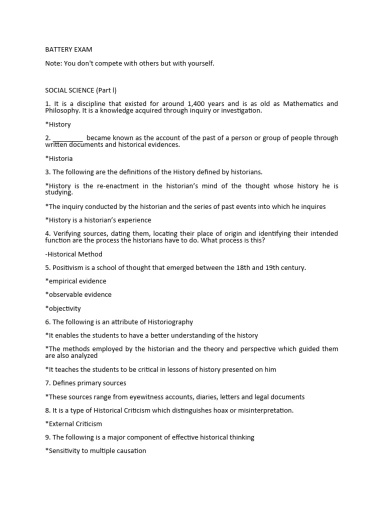 Comprehensive Social Science Battery Exam | PDF | Historian | Social ...