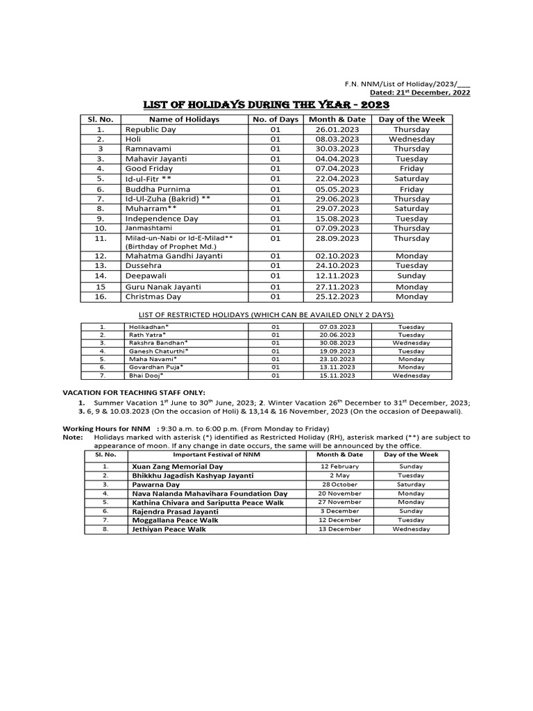 List of Holidays For The Year 2023 | PDF | Observances | Holidays