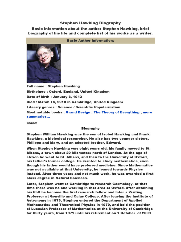 Stephen Hawking Biography | PDF | Stephen Hawking | Universe