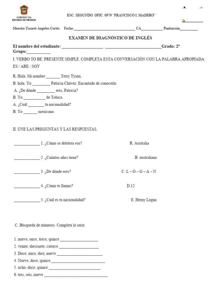Examen Diagnóstico de Inglés 2do Grado | PDF