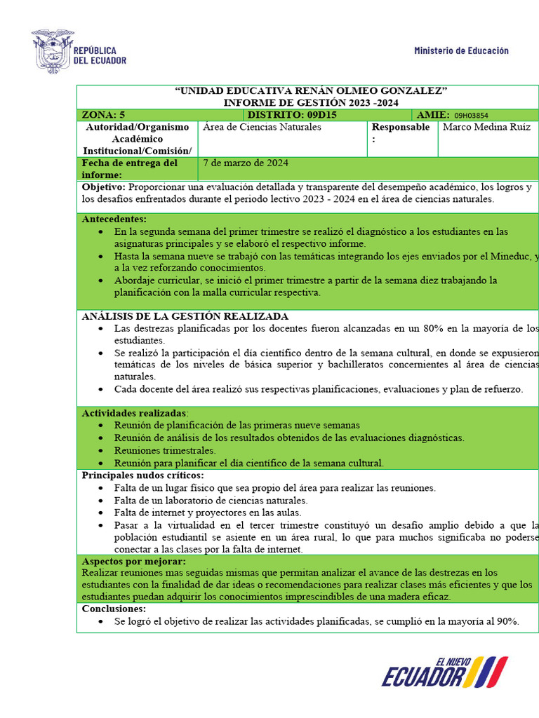 Modelo de Informe de Rendición de Cuentas 23-24 - Area CCNN | PDF | Enseñando