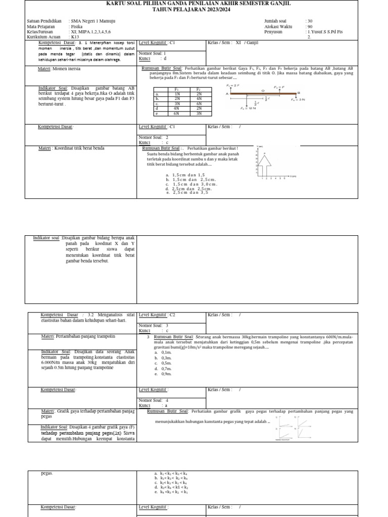 Kartu Soal Fis. Uas - Sem.1 2023 | PDF