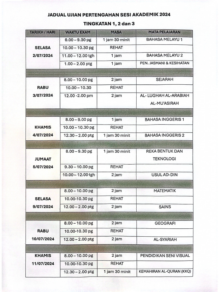 Jadual UPSA 2024 Tingkatan 1-3 | PDF