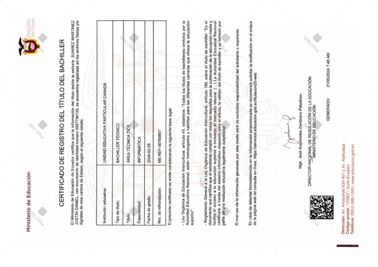 Certificado de Registro Del Titulo de Bachiller | PDF