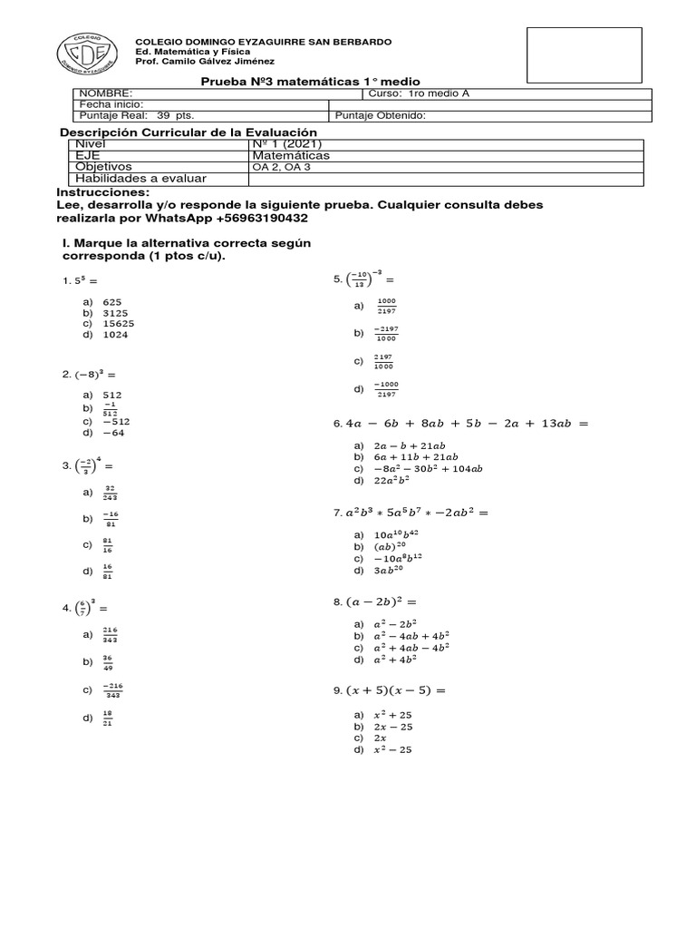 Prueba #3 Matemática 1° Medio | PDF | Matemáticas