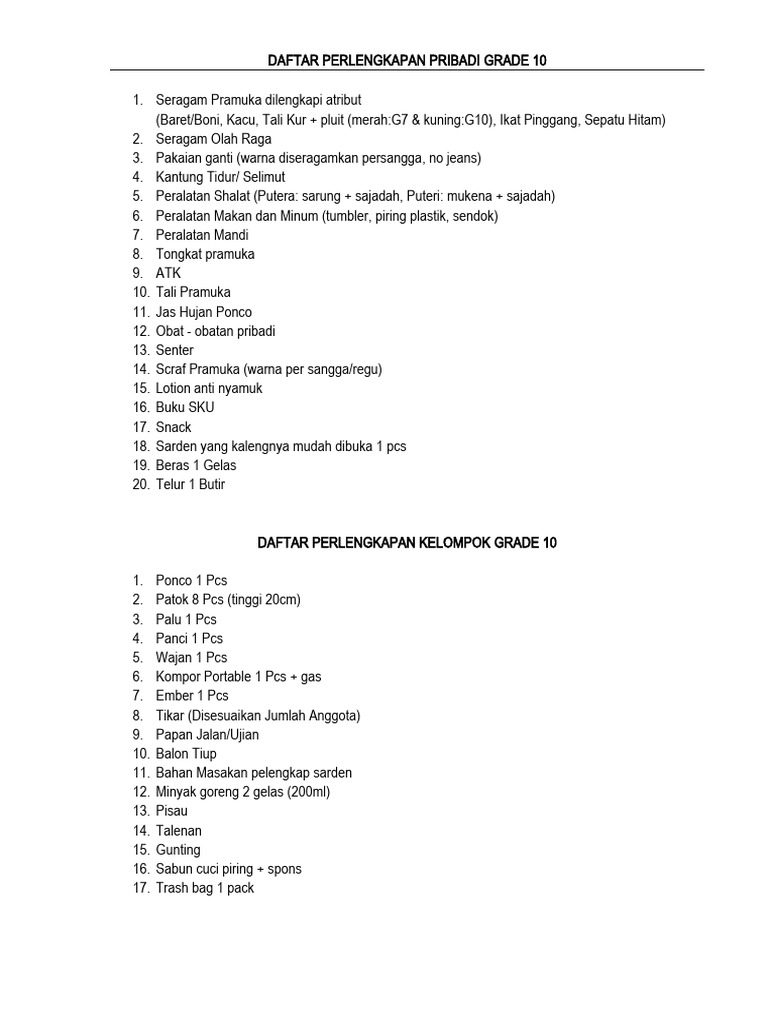 Contoh Daftar Perlengkapan, Tatib & Keperluan Perjusa | PDF