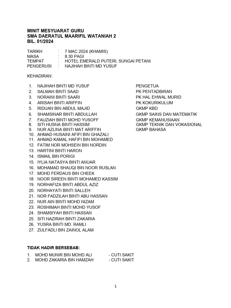 MINIT MESYUARAT GURU BIL 1 2024 | PDF
