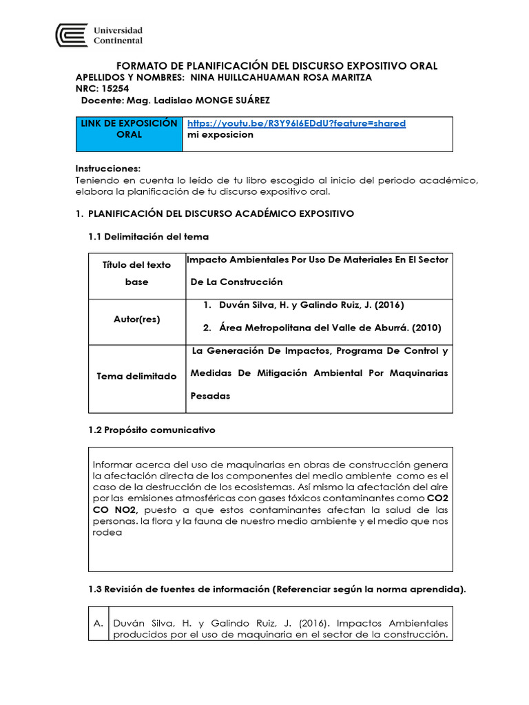 Formato De Planificación Del Discurso Expositivo Oral Sábado Docx