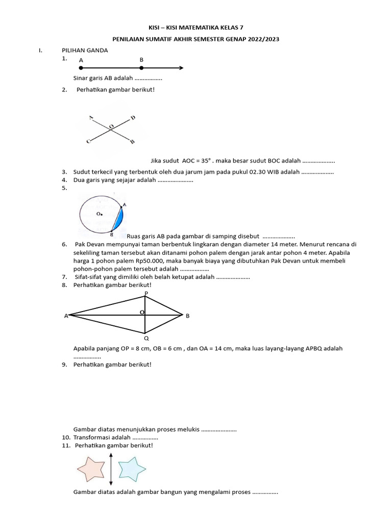 Kisi Kisi MTK Kelas 7 Sumatif Akhir Semester Genap 2022 2023 | PDF