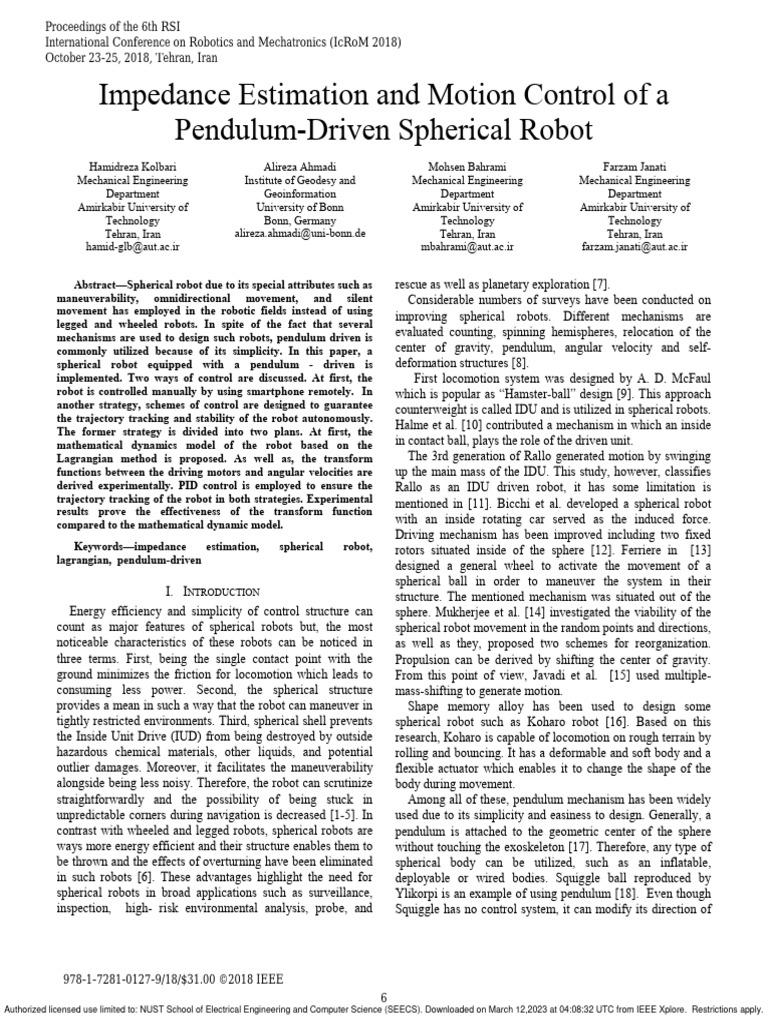 Impedance Estimation and Motion Control of A Pendulum-Driven Spherical Robot | PDF | Rotation ...