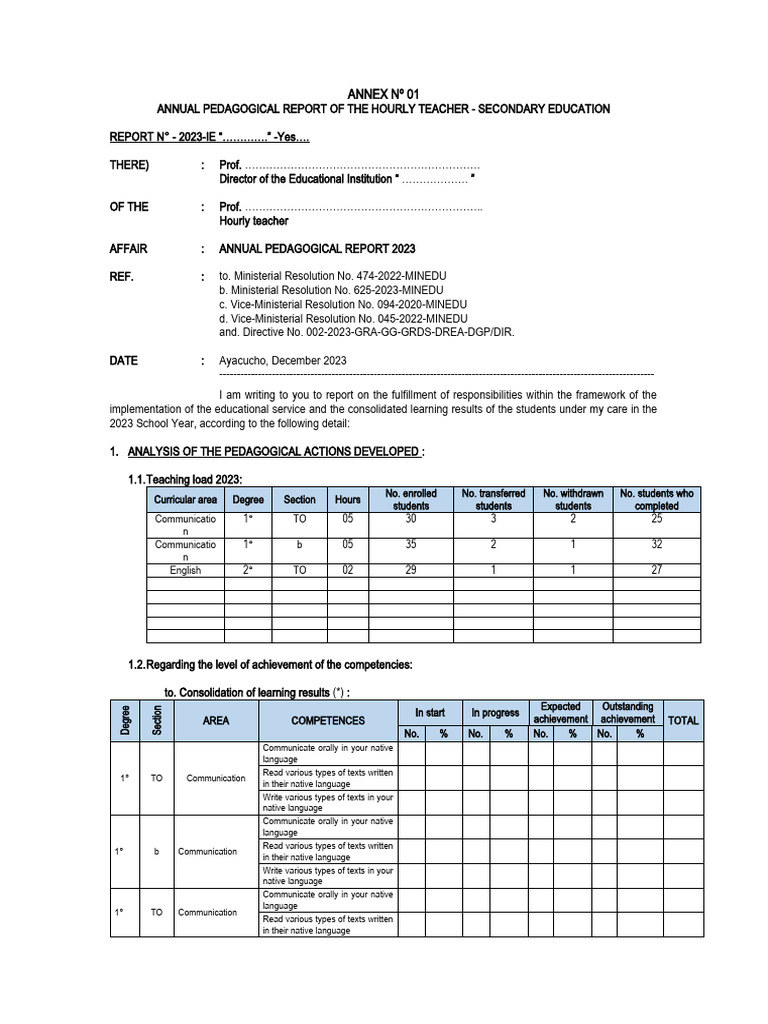Annex 03 Pedagogical Report 2023 Secondary Teacher Pdf Learning