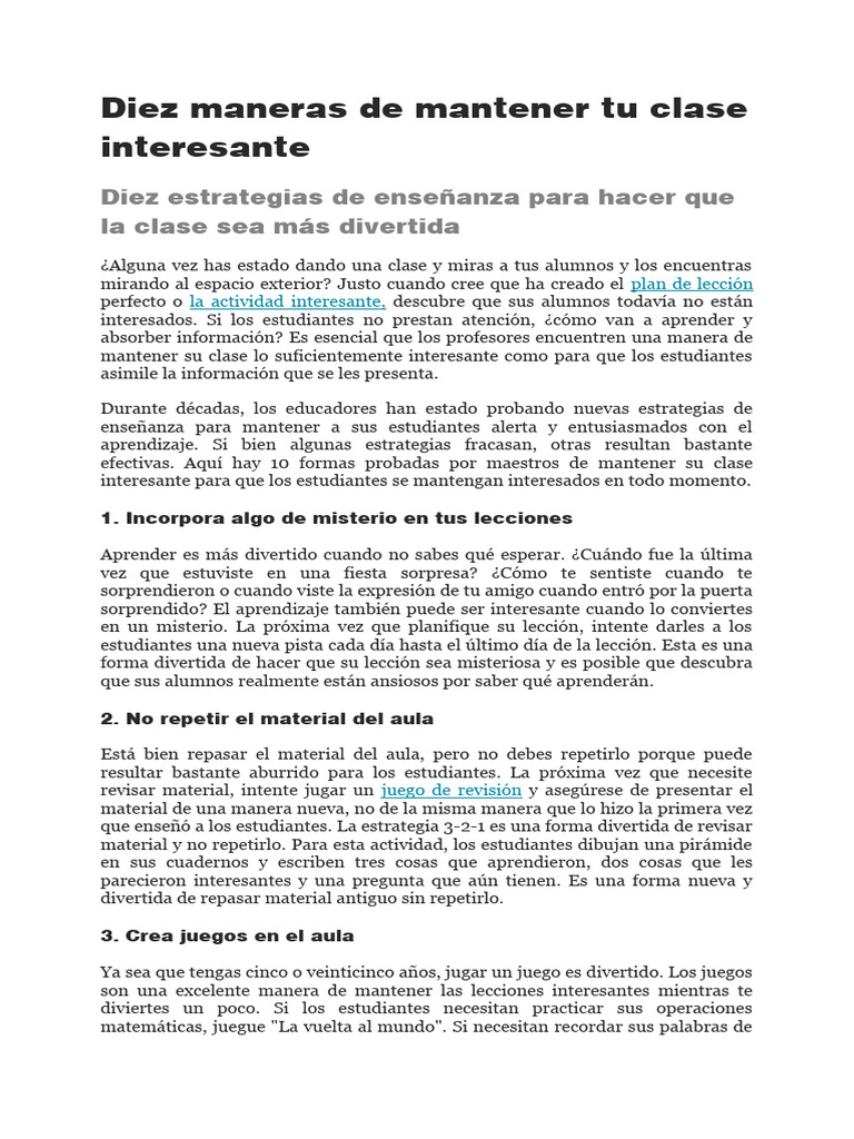 Diez Maneras de Mantener Tu Clase Interesante | PDF | Enseñando | Salón ... Diez Maneras de Mantener Tu Clase Interesante | PDF | Enseñando | Salón ...