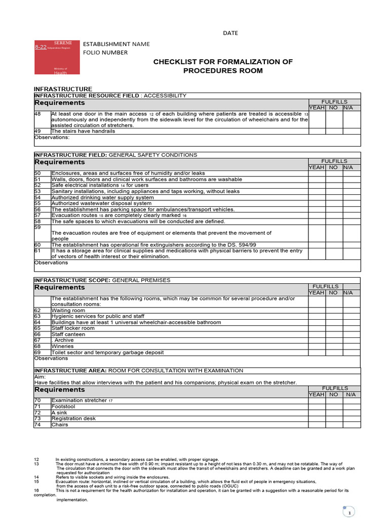 Checklist For Procedure Room Formalization | PDF | Surgery | Infrastructure