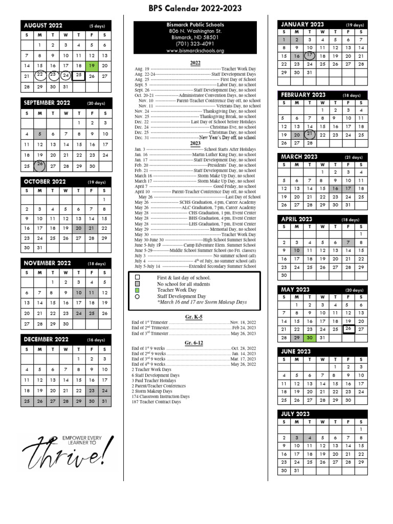 Bismarck Schools 2022-2023 Calendar | PDF | Entertainment Events ...