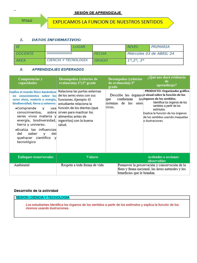 C.T. Los Sentidos y Su Funcion Iii y Iv Ciclo 03-04-24 | PDF | Gusto ...